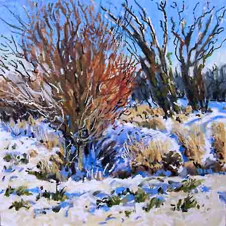 Cold snow and warm branches painted in oil pastel plein air at Fen Drayton